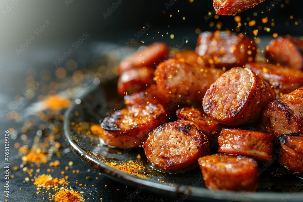 Grilled spicy chorizo slices close-up - An appetizing close-up of ...