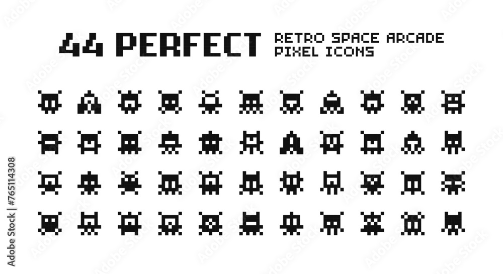 44 Pixel art icons set of Retro Space Arcade Game. Simple Pixel UFO ...