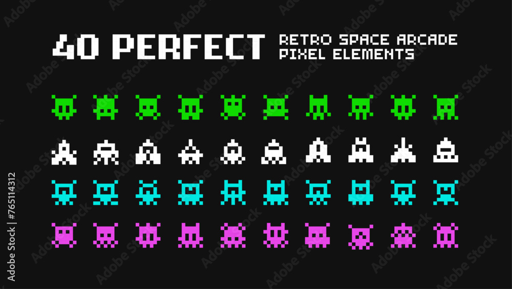 40 Pixel art icons of Retro Space Arcade Game. Simple Pixel UFO aliens ...