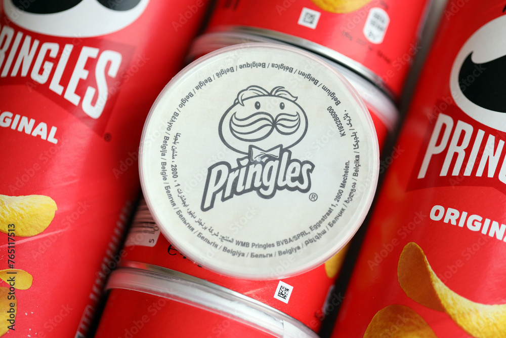 KYIV, UKRAINE - FEBRUARY 27, 2024 Pringles original potato chips on ...