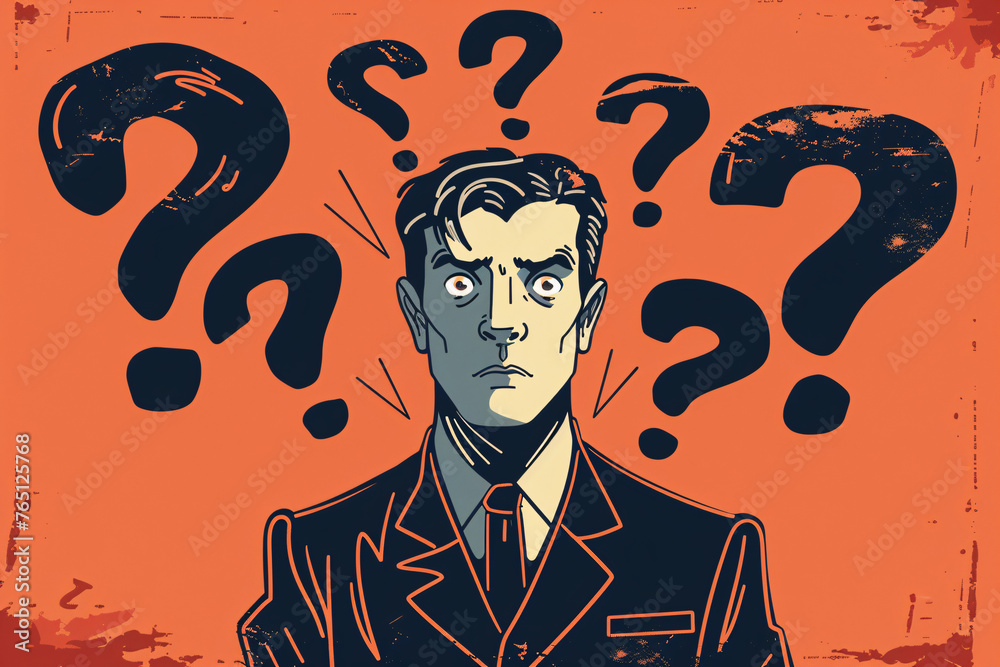 Vintage styled drawing of a confused man with question marks Stock ...