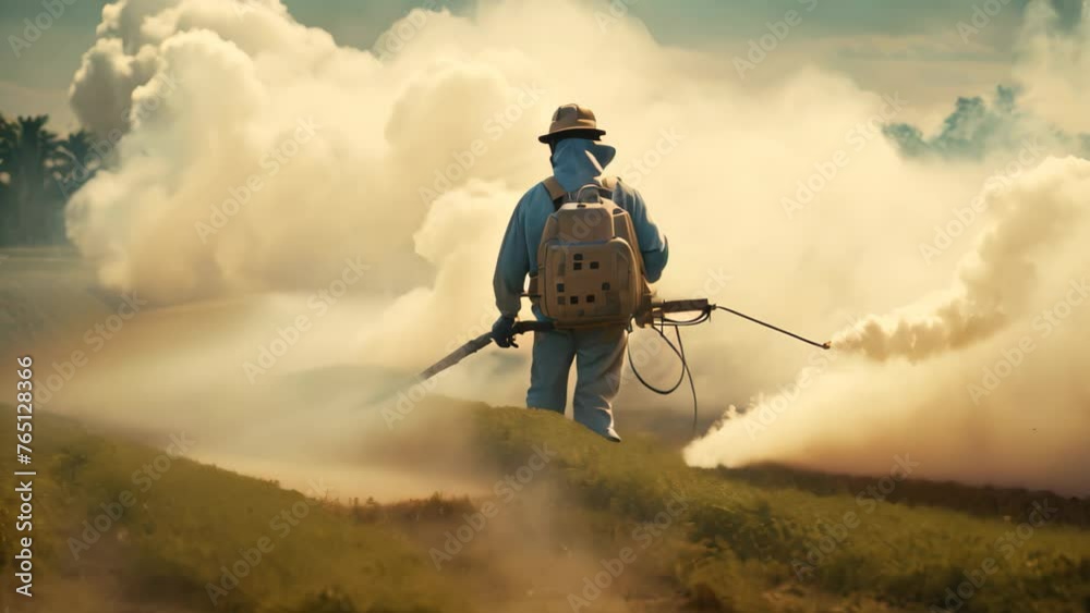 A man stands in a beautiful green field while spraying it with a ...