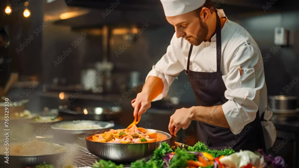 A skilled chef is busy preparing food in a bustling kitchen, working to ...