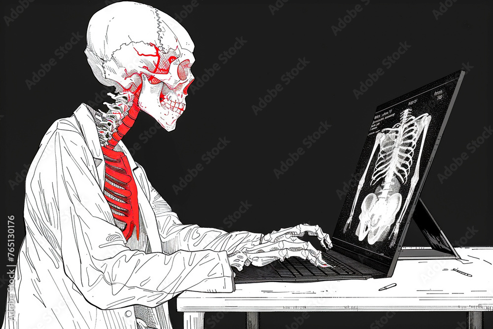 A whimsical drawing of a doctor cartoon character operating an X-ray ...