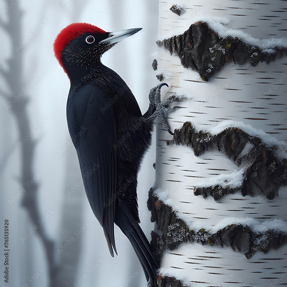 guards its tree in the cool morning air. This female woodpecker ...