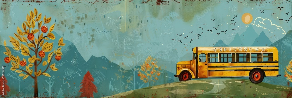 Vintage school bus in a rustic autumn landscape - A retro-style school ...
