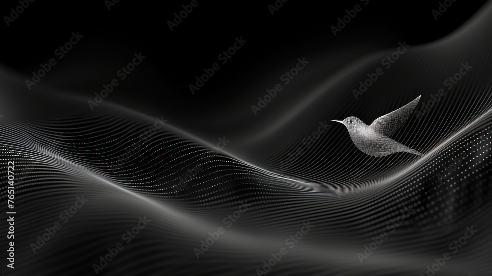 a black and white photo of a bird flying over a wave of wavy lines on a ...