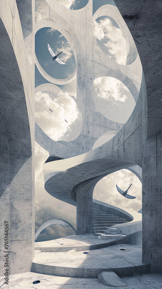 Futuristic concrete structure with spiral staircase and large round ...