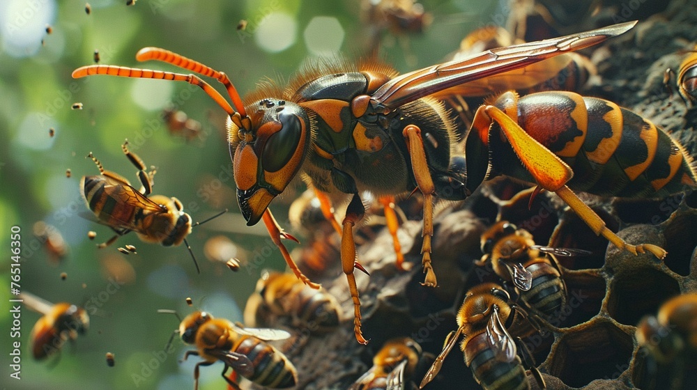 An Asian Giant Hornet leading an attack on a honeybee hive, illustrating their powerful venom ...