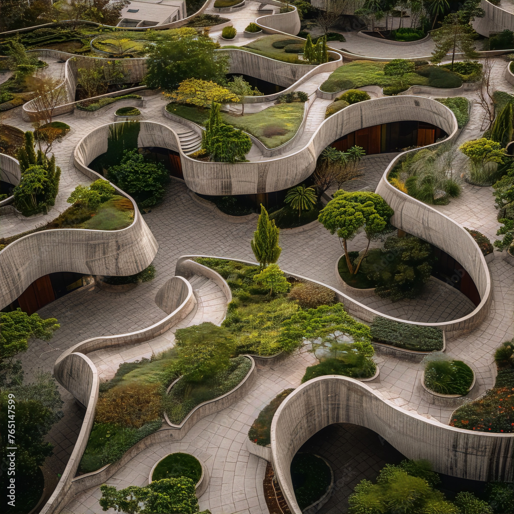 Aerial view of a modern, organic architecture with lush green ...