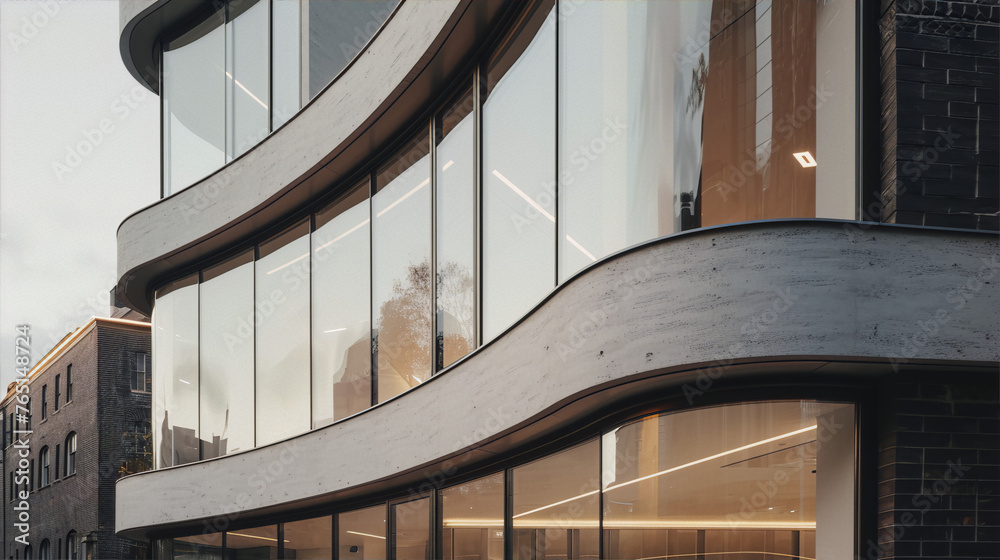 Modern architecture with curved glass windows reflecting the sky in the ...