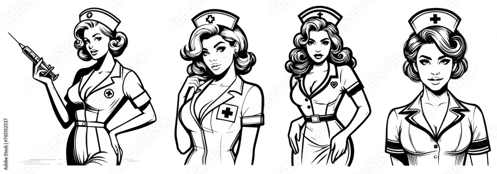 pin-up girl nurse with a touch of vintage charm, nocolor vector ...