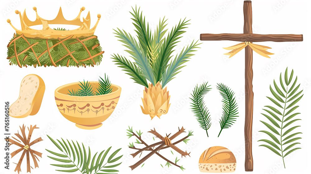 semana piedosa. Símbolos de ícones da Páscoa cristã. Ramo de palmeira ...
