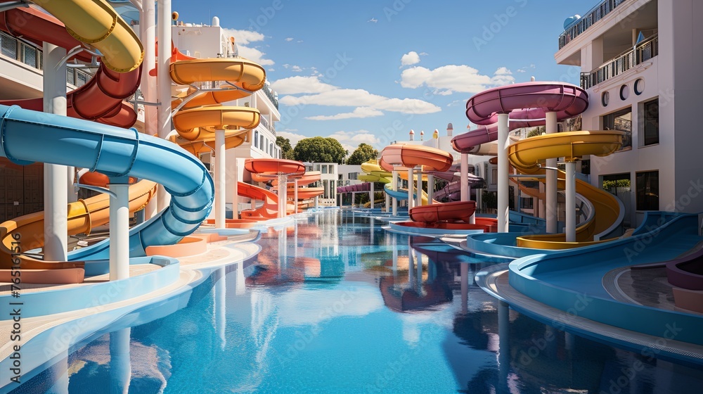 Empty Water park for kids. Water park, bright multi-colored slides with ...