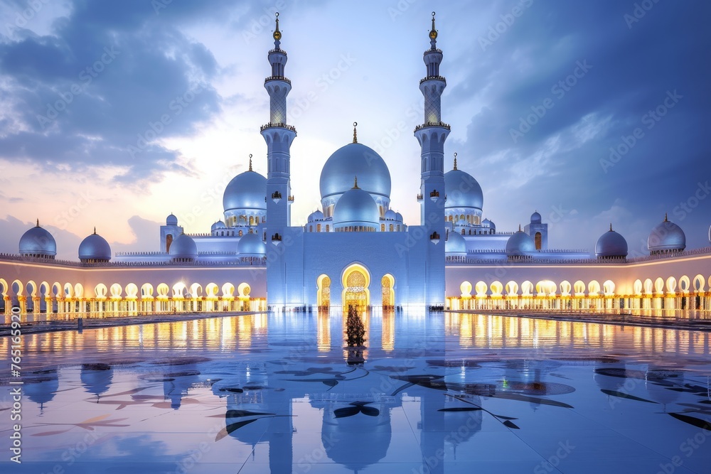 This photo captures a grand, well-lit building that dominates the ...