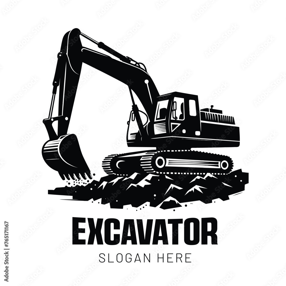 Excavator Vector Logo Template With Trackhoe silhouette On White ...