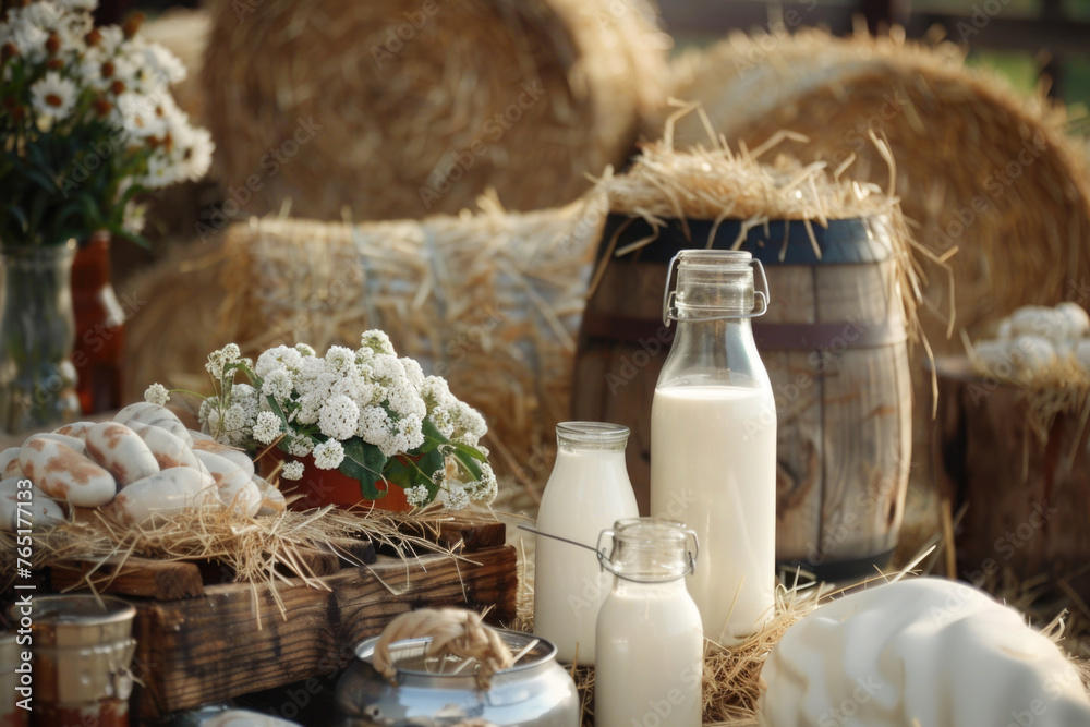Dairy farm products including a glass decanter, aluminum cans, and ...