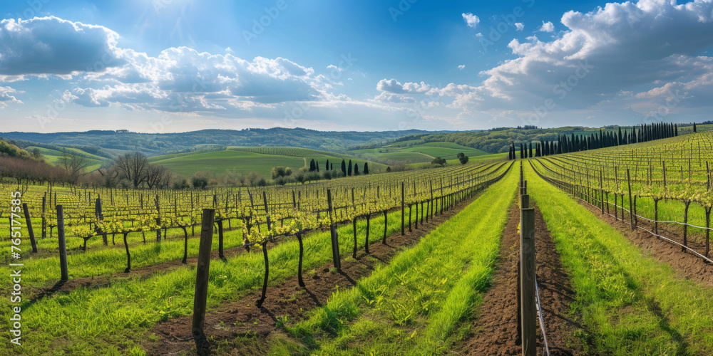 Expansive vineyard with budding vines stretches under a vast, cloud ...