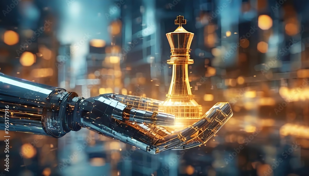 Robotic arm engages in strategic game, presenting a queen chess piece ...