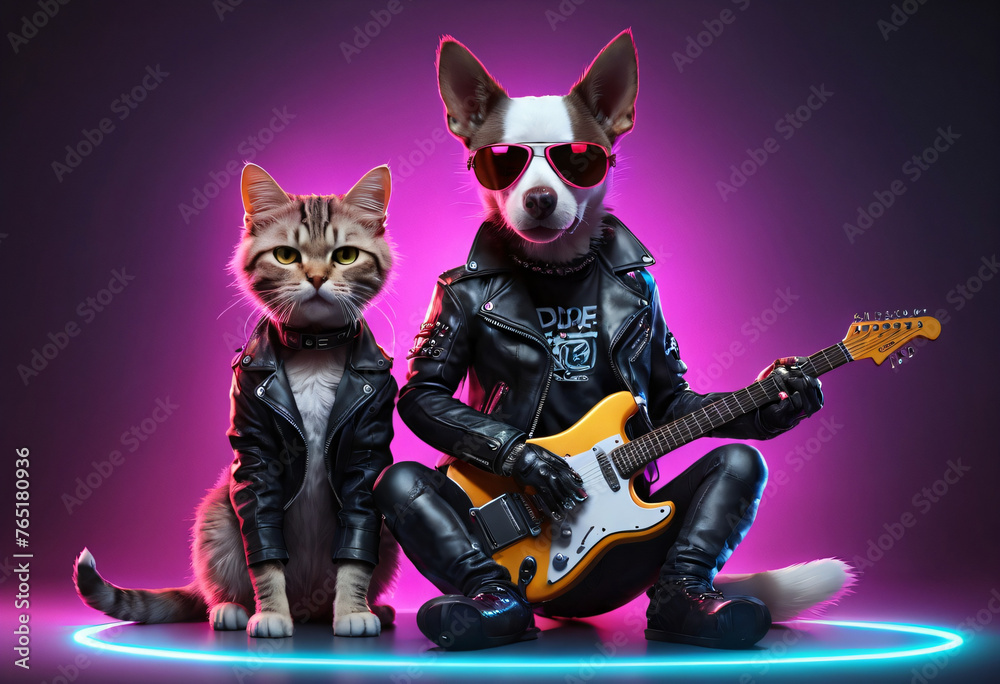 Cat and dog rock stars in leather jackets play hard rock at a concert ...