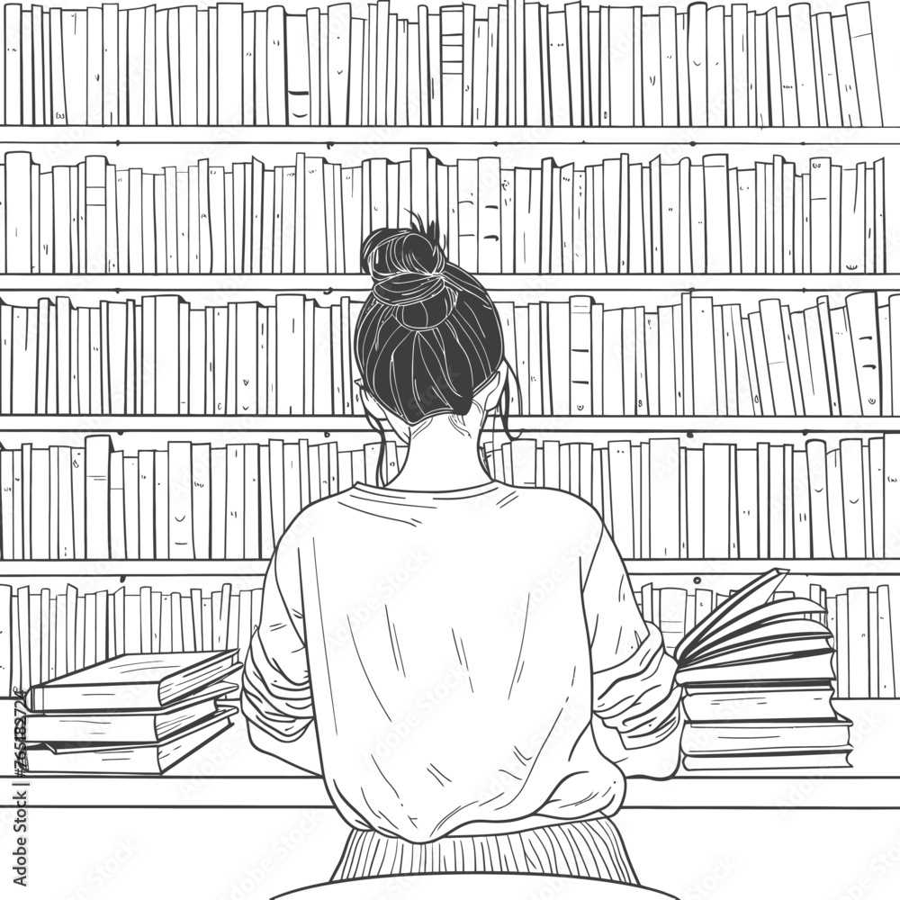 Outline Illustration for people reading in the study room has ...