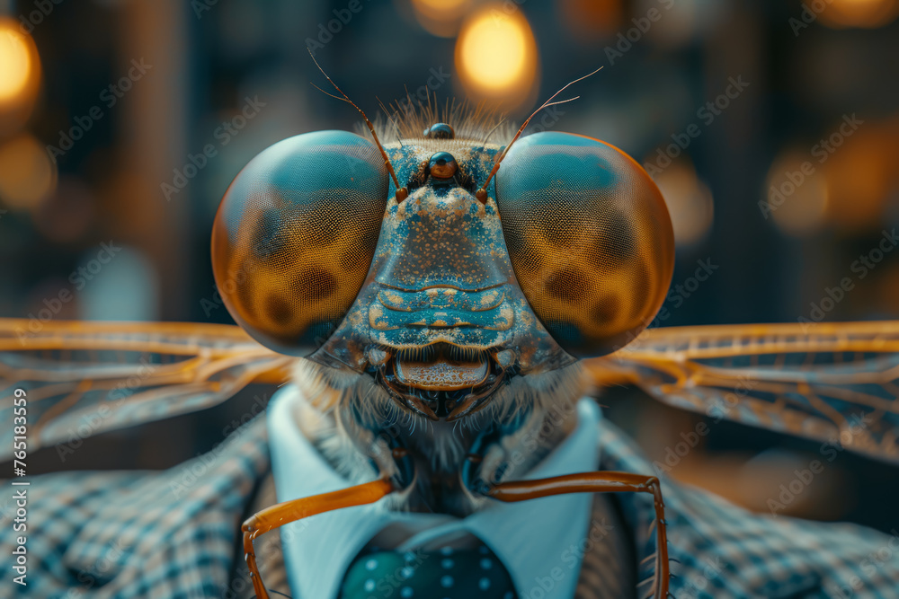 An anthropomorphic character in business attire with a dragonfly's head ...
