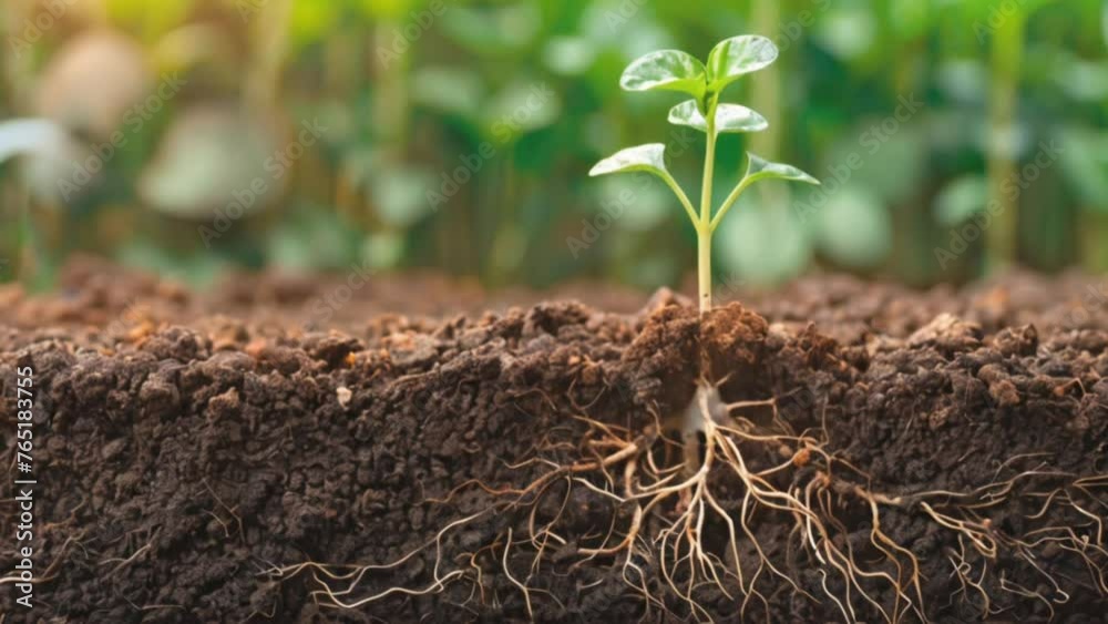 young plant seedling growing in rich soil with roots in sunlight ...