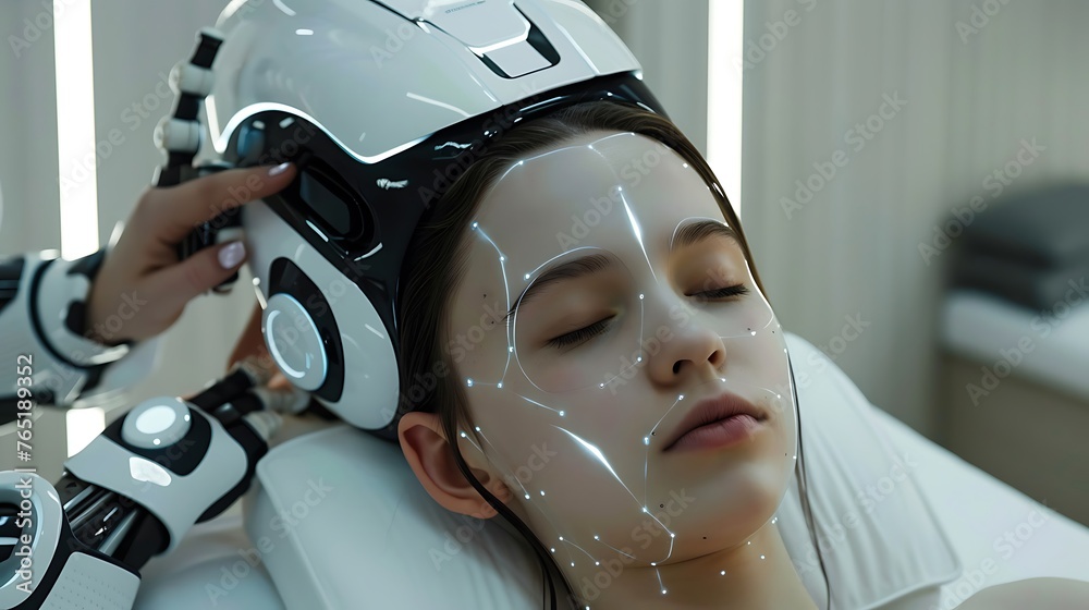 Close-up Robot hypnotized woman lying on bed, Concept of harmonious ...