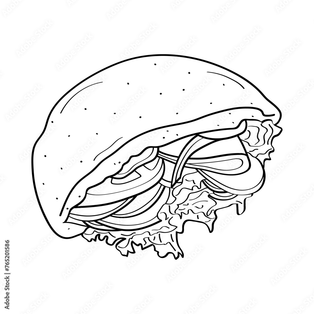 Hand drawn pita black outline, isolated on the white background, a ...