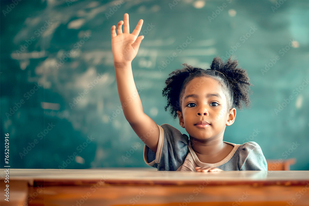portrait of 7-year-old black girl sitting in modern classroom against ...