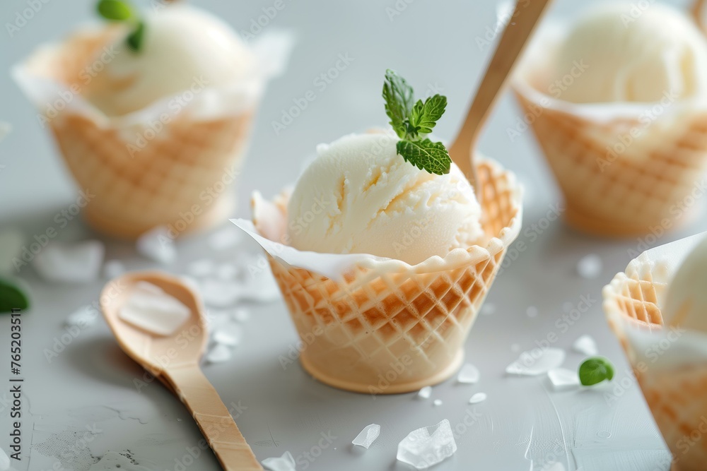 Zero waste ice cream concept, served in edible waffle cups with ...