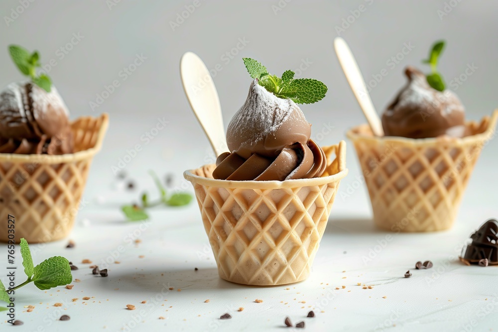Zero waste ice cream concept, served in edible waffle cups with ...