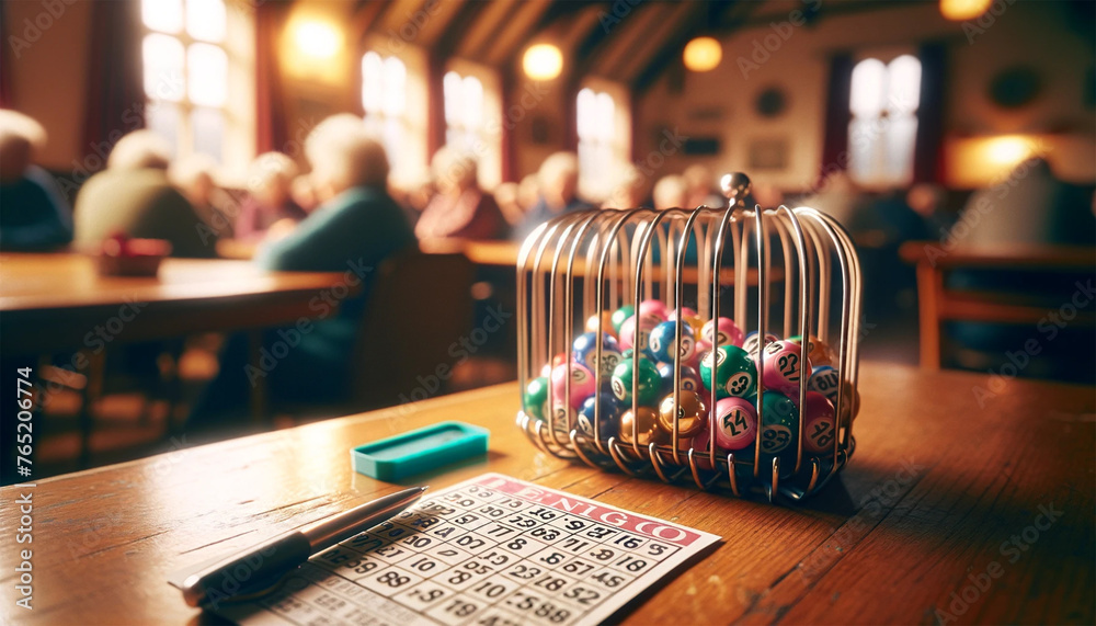Bingo setup on a wooden table, with a clear focus on colorful bingo ...