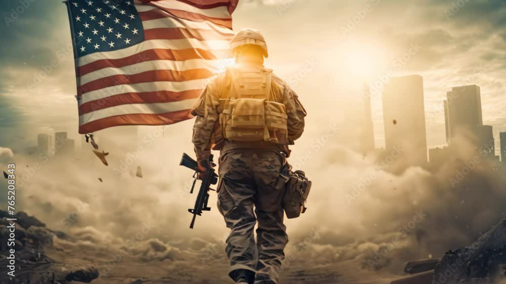 United States army soldier walking with american flag in the city. An ...