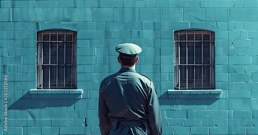 A prison guard in uniform, monitoring inmates, in a prison yard ...