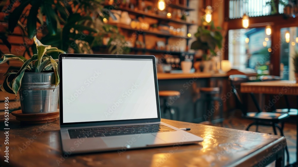 laptop with white screen in a beautiful cafe in high resolution and ...