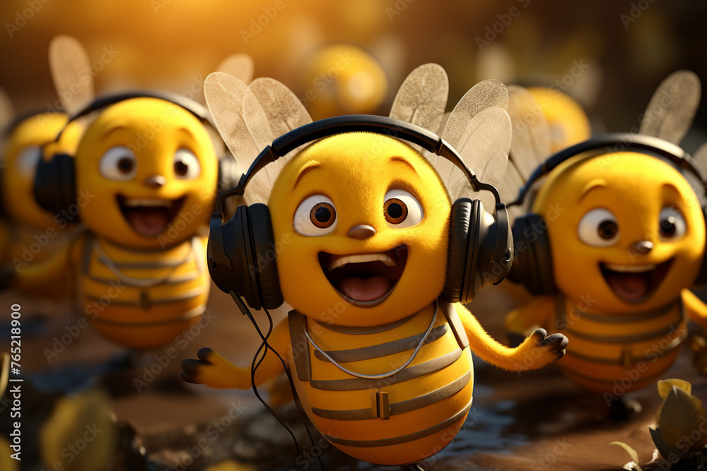 Funny cartoon bees with headphones listening to music. 3d illustration ...