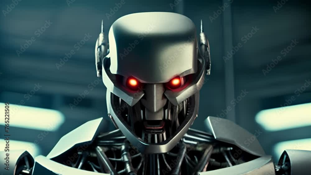 Vidéo Stock A robot head with red glowing eyes exudes a menacing presence, signaling the power ...