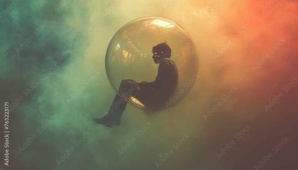 Trapped in soap bubble, surreal depiction of isolation in anxiety. Soft ...