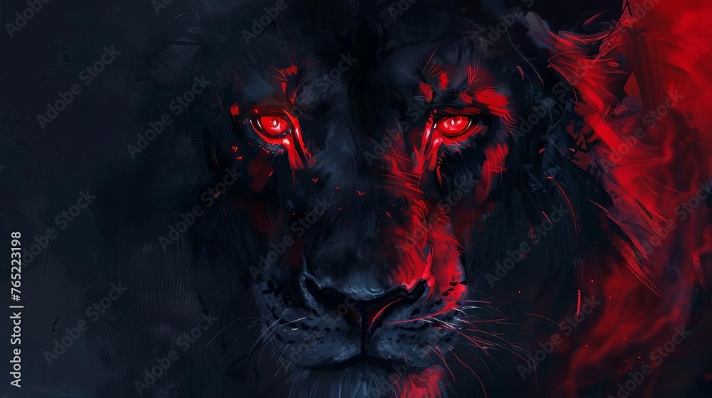Menacing lion with glowing red eyes, dark horror illustration ...