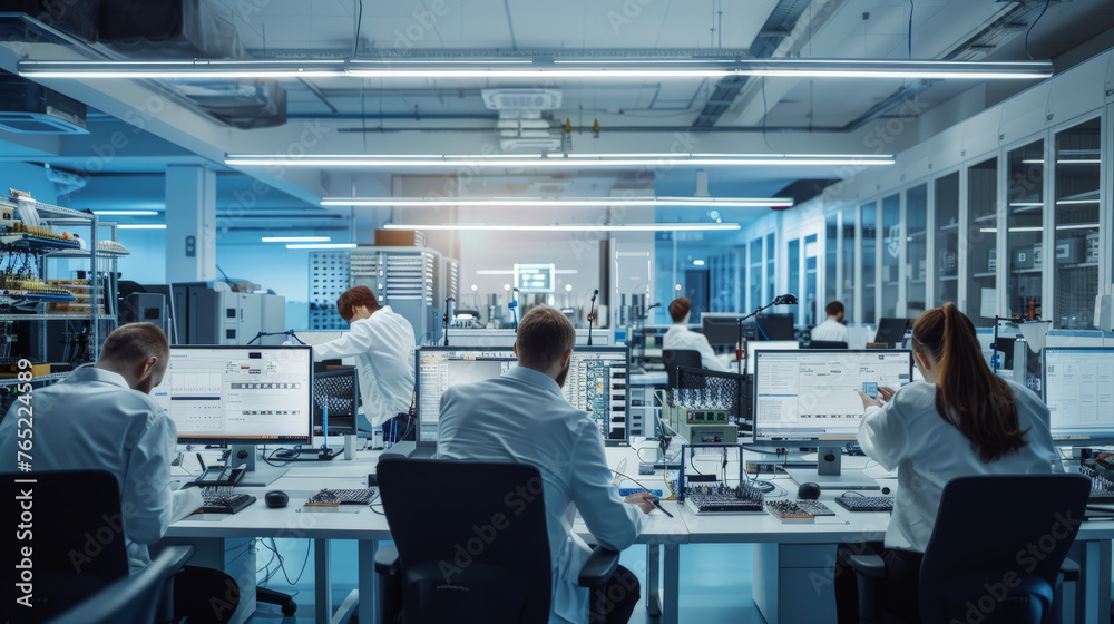 Electrical engineers in a modern laboratory meticulously working on ...
