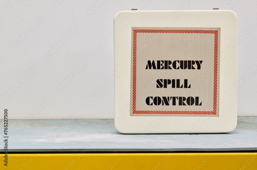 Closed Mercury spill control kit box on shelf with copy space ...