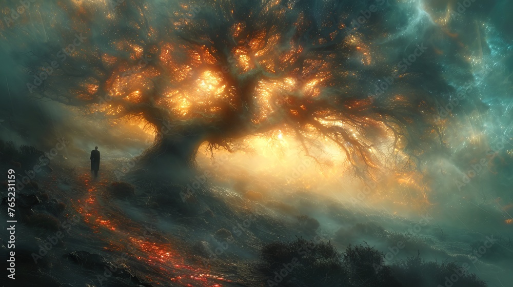 Individual on path towards otherworldly, glowing tree in mystical ...