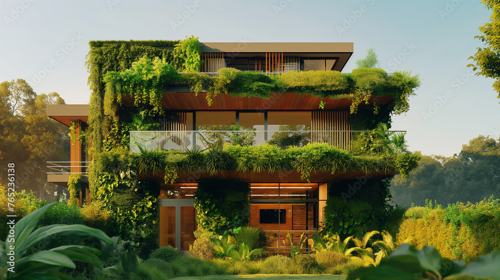 Eco-friendly building covered in plants, sustainable architecture Stock ...