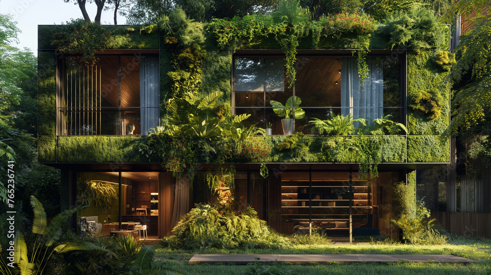 Eco-friendly building covered in plants, sustainable architecture Stock ...