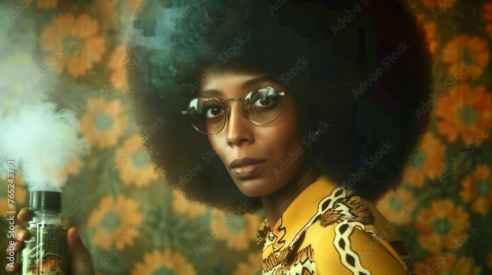 A 1970s era black woman with an afro holding a mysterious smoking vial ...