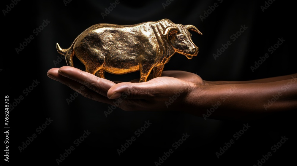 Golden bull on the palm of a man hand, black background, trading ...