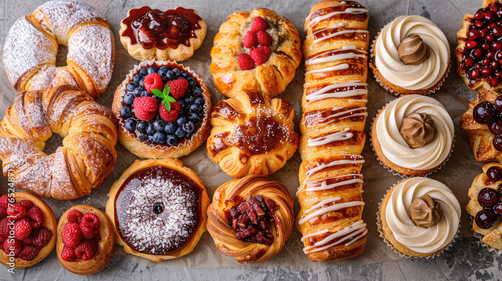 Assortment of Danish pastries in a bakery display, Top view, Elegant ...