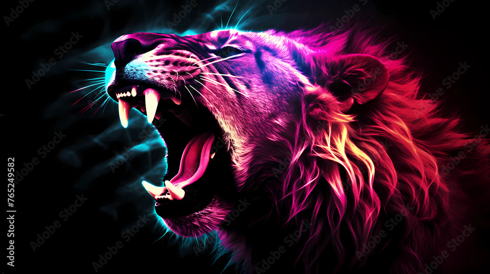 Roaring Dangerous Angry Aggressive Hunting Lion Animal Plexus Neon ...