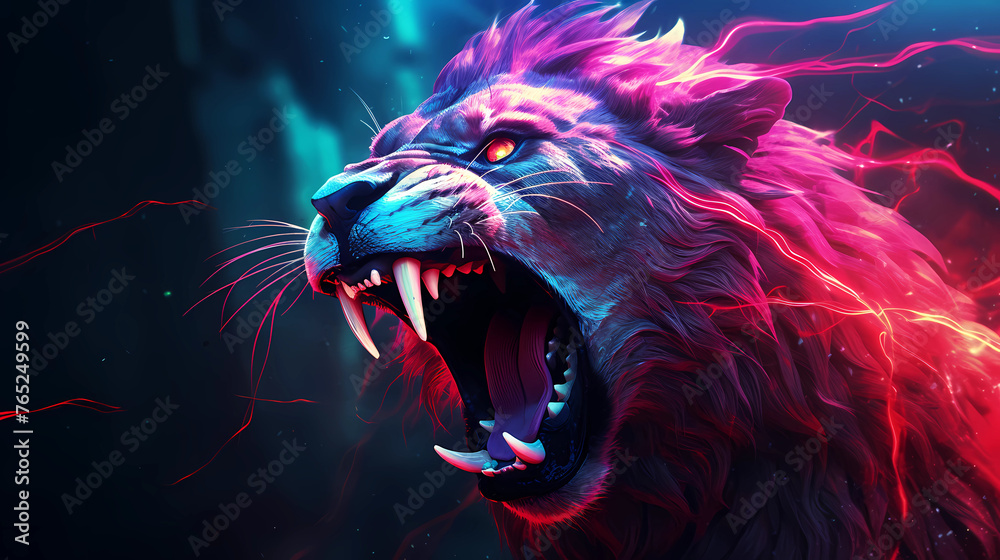 Roaring Dangerous Angry Aggressive Hunting Lion Animal Plexus Neon ...